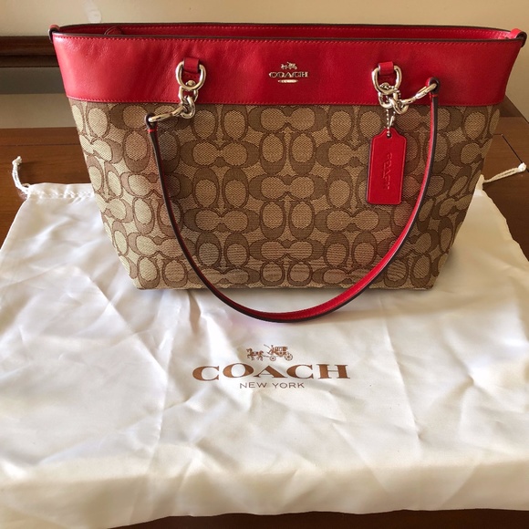 Coach | Bags | Coach Signature Canvas Red Leather Tote | Poshmark